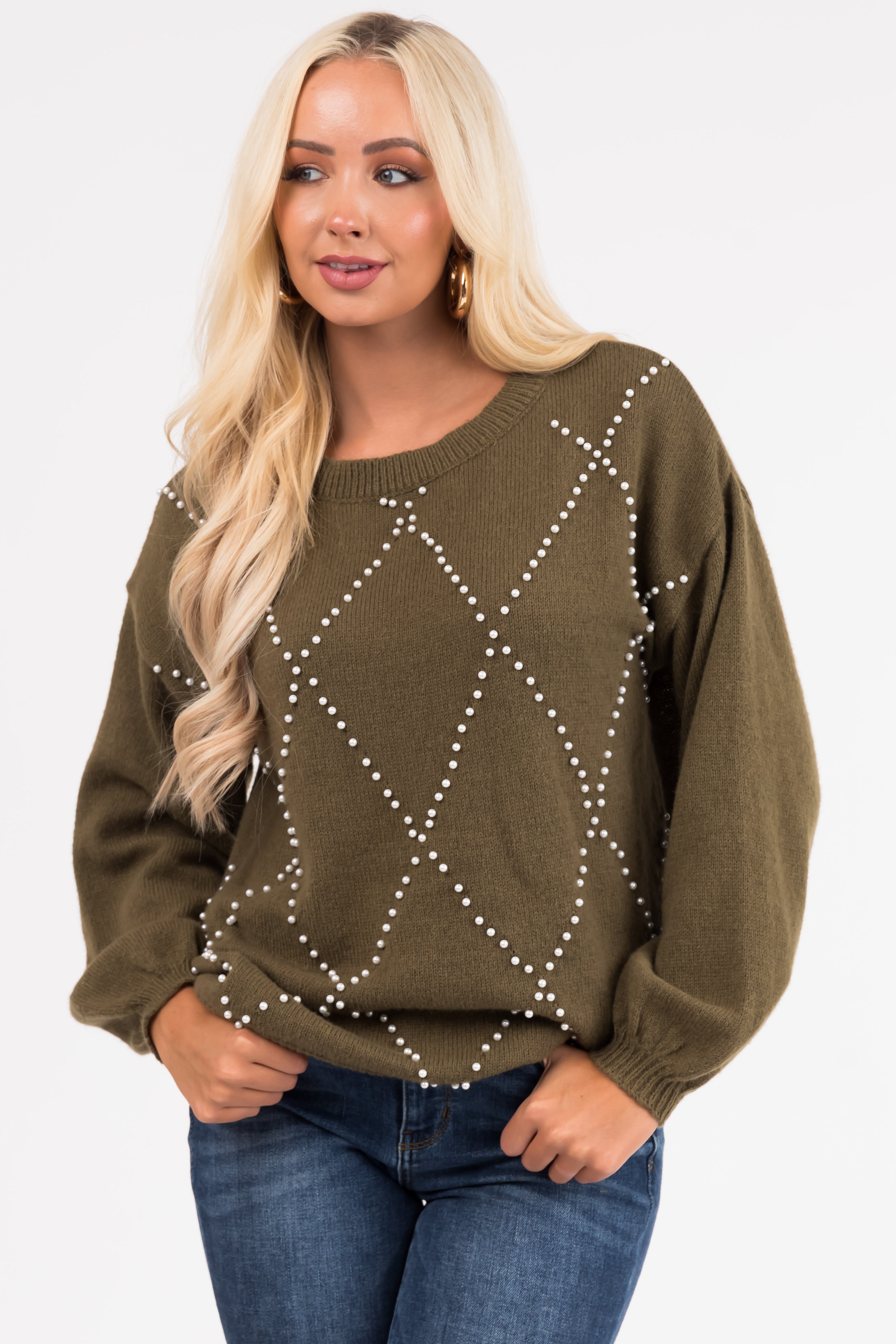 Ellie Olive Diamond Pattern Pearl Beaded Sweater | Lime Lush Boutique