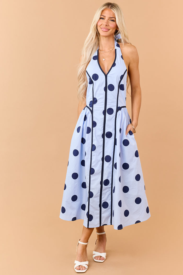 Entro Baby Blue Polka Dot Cotton Halter Midi Dress | Lime Lush Boutique