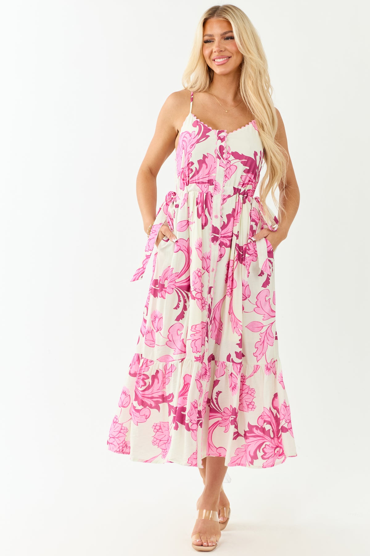 Entro Cream Floral Buttoned Sleeveless Maxi Dress | Lime Lush Boutique