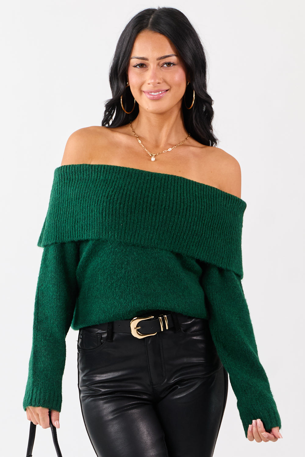Entro Hunter Green Wool Blend Off Shoulder Sweater | Lime Lush Boutique