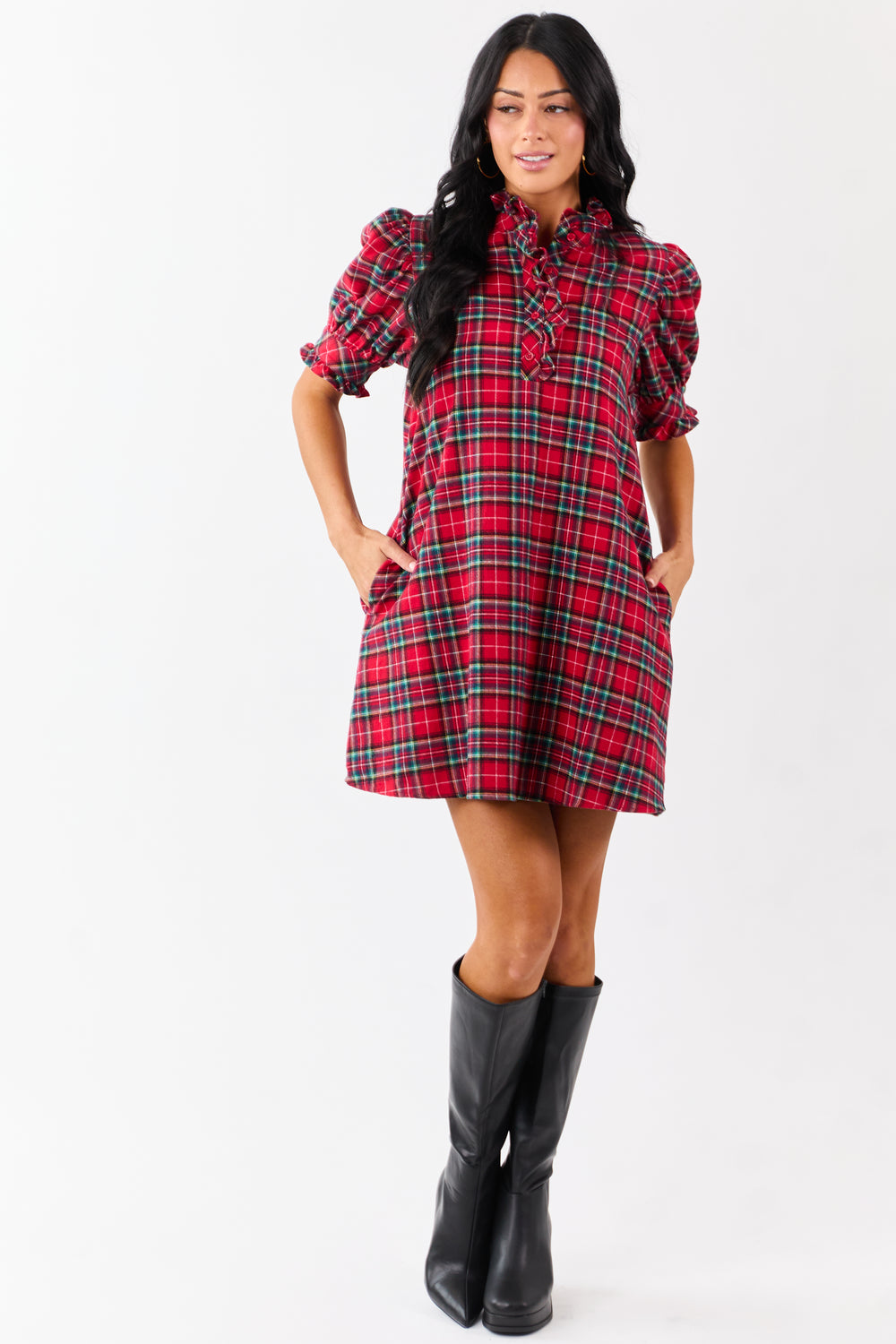 Entro Pomegranate Cotton Plaid Mini Shift Dress | Lime Lush Boutique