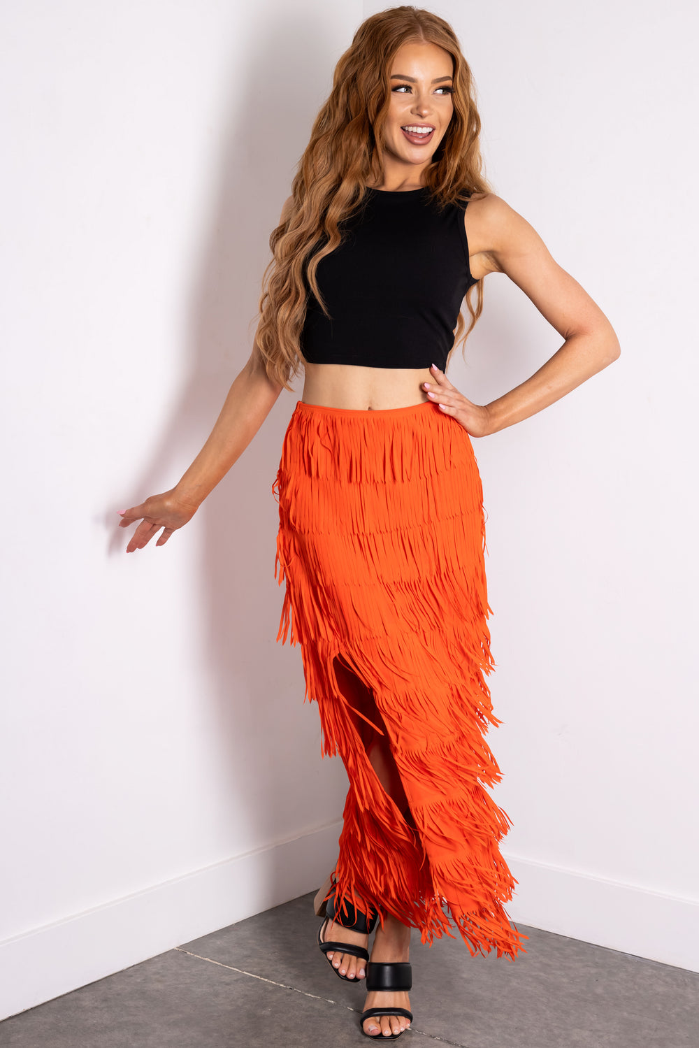 Fire Side Slit Fringe Midi Skirt | Lime Lush Boutique