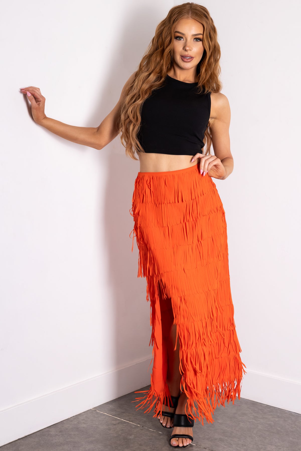 Fire Side Slit Fringe Midi Skirt | Lime Lush Boutique