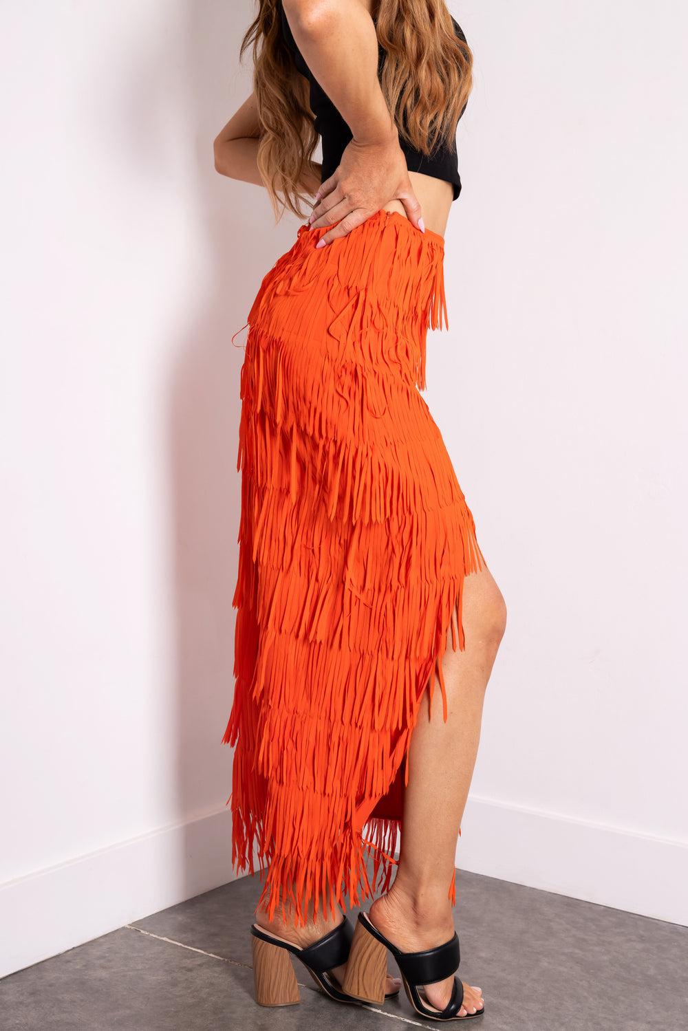 Fire Side Slit Fringe Midi Skirt | Lime Lush Boutique