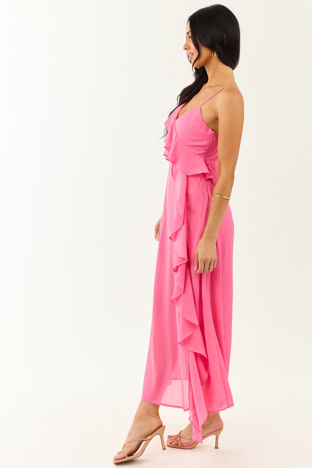 Fuchsia Ruffle Side Slit Chiffon Maxi Dress | Lime Lush Boutique