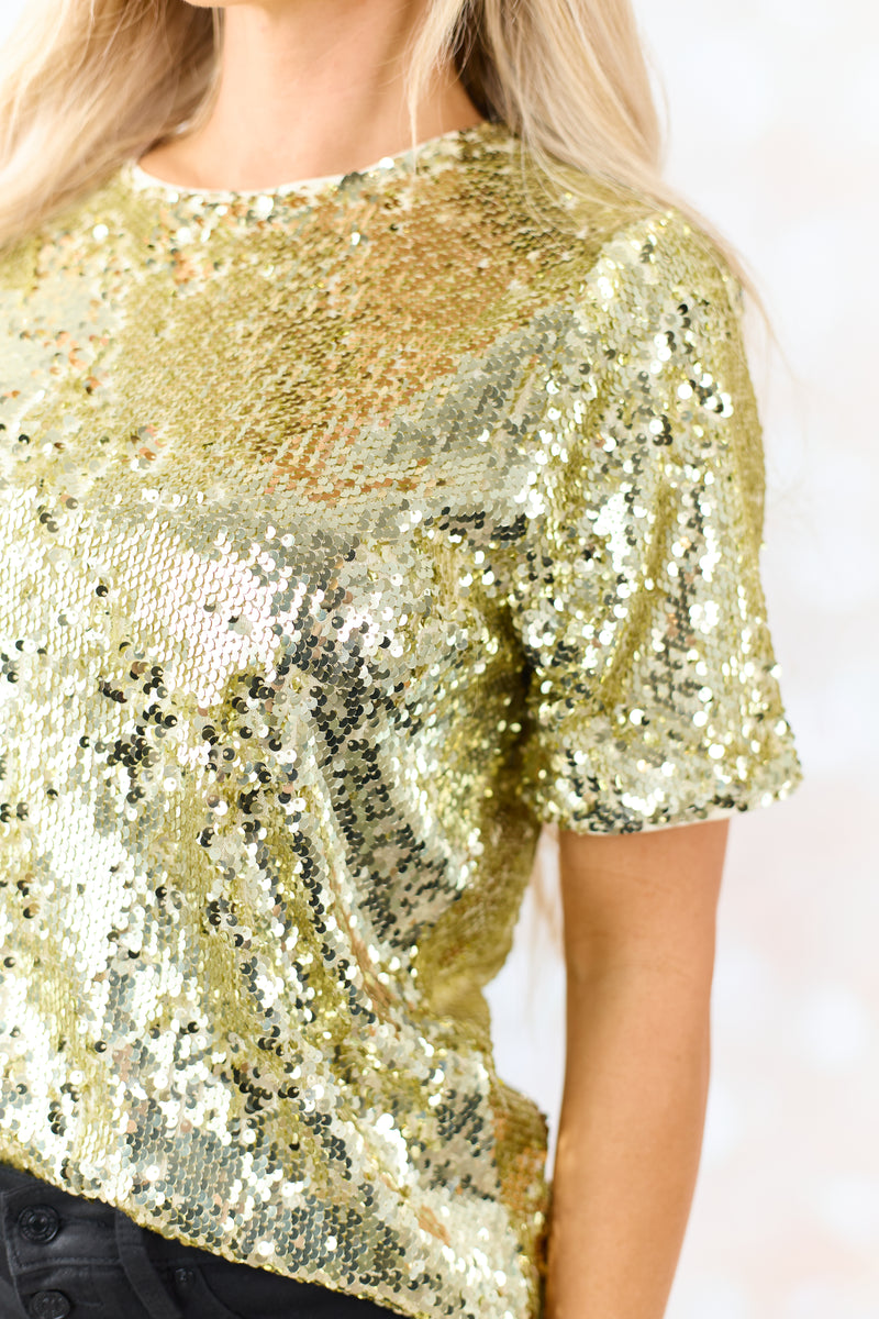Gold Short Sleeve Sequined Top | Lime Lush Boutique