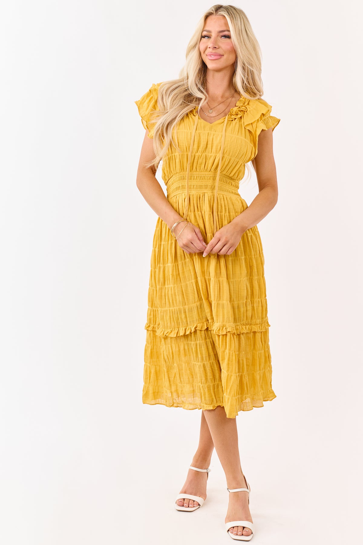Honey Textured Flutter Sleeve Smocked Midi Dress | Lime Lush Boutique
