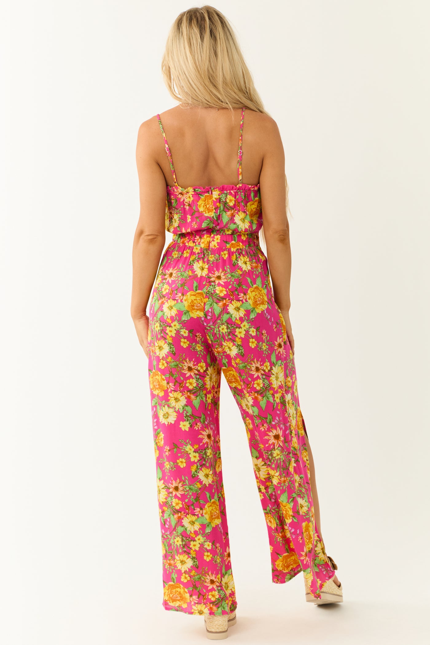 Hot Pink Floral Print Sleeveless Palazzo Jumpsuit Lime Lush
