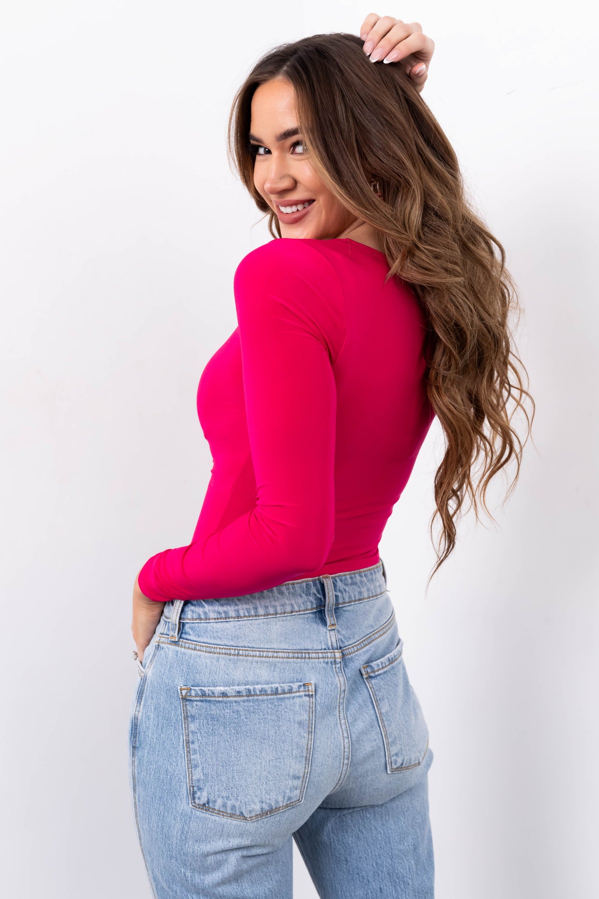Hot Pink Sweetheart Neck Long Sleeve Crop Top Lime Lush Boutique