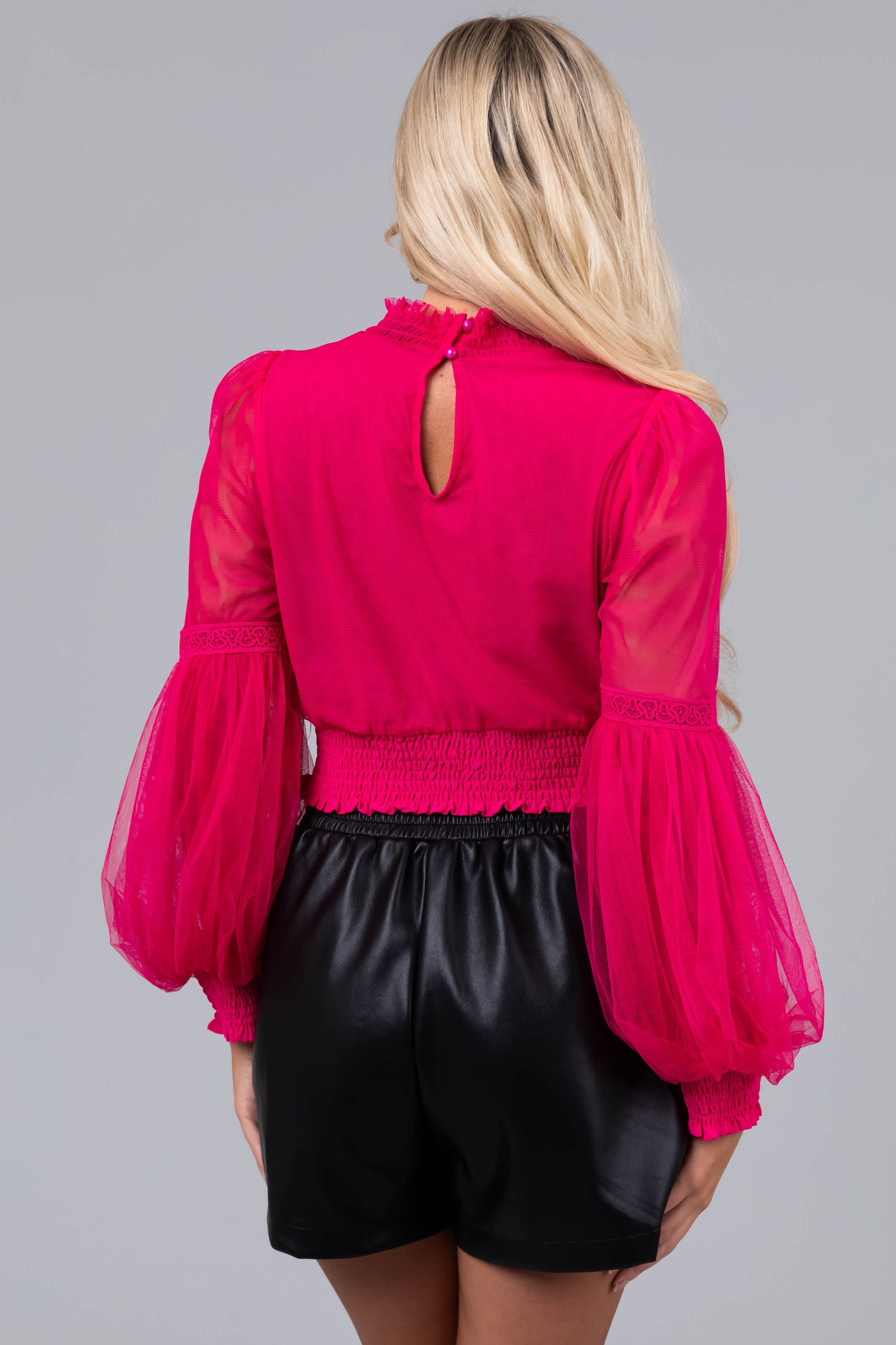 Hot Pink Tulle Puff Sleeve Crochet Lace Crop Top Lime Lush Boutique