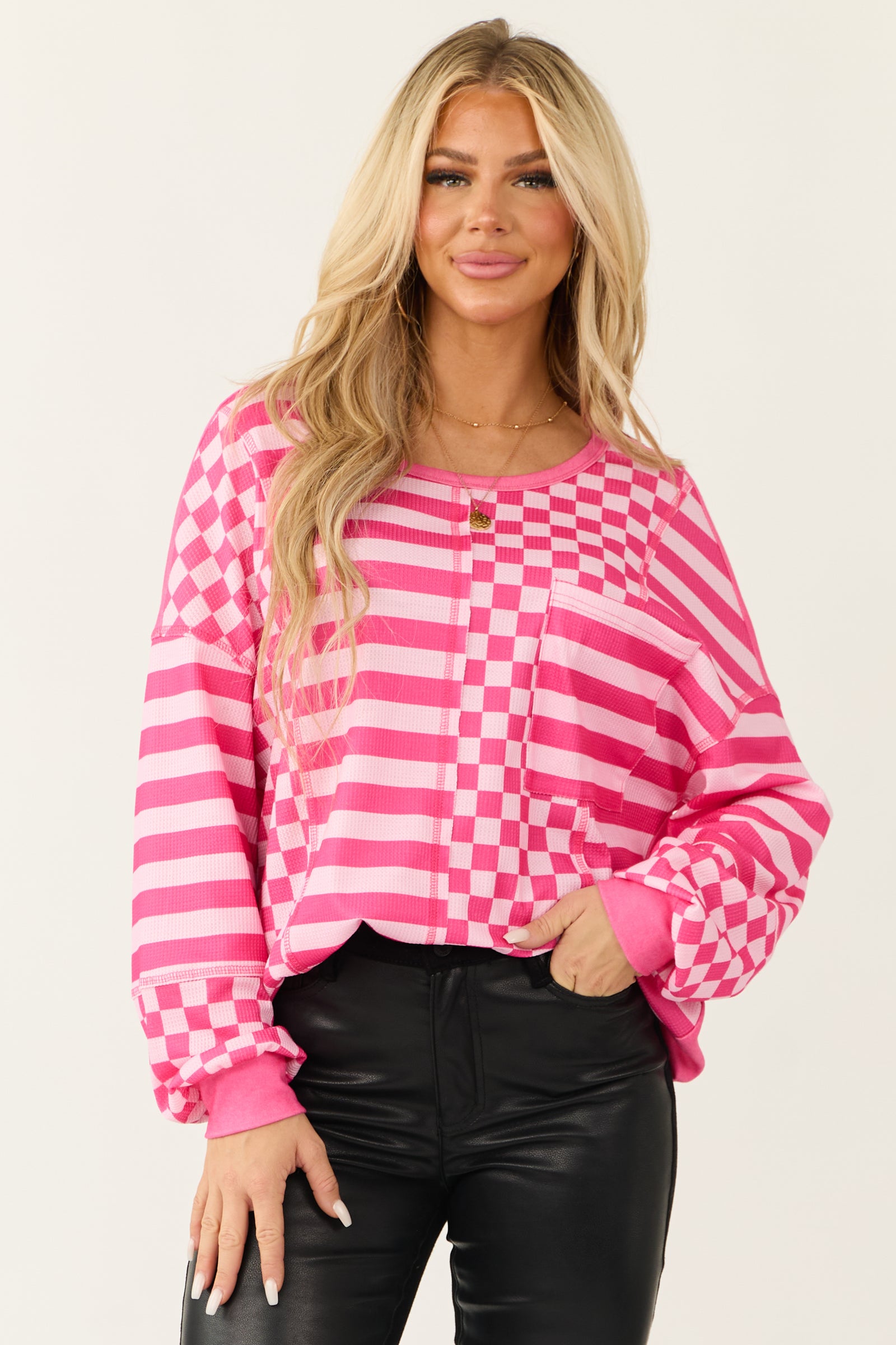 Hot Pink and Blush Multiprint Patchwork Top | Lime Lush Boutique