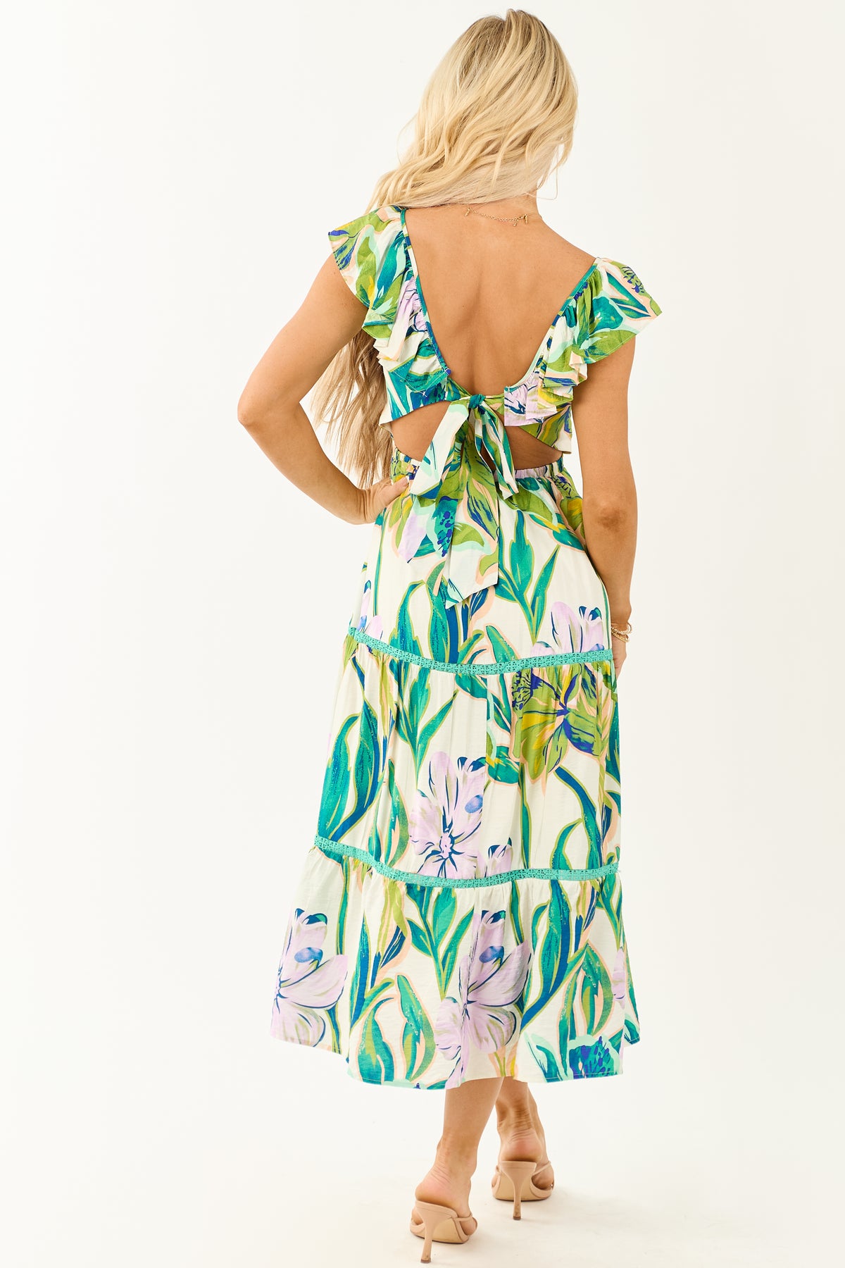 Ivory Tropical Print Smocked Lace Tiered Midi Dress | Lime Lush Boutique