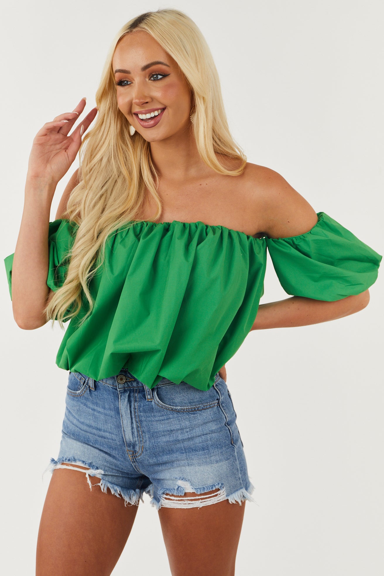 Jade Puff Off the Shoulder Cropped Blouse | Lime Lush
