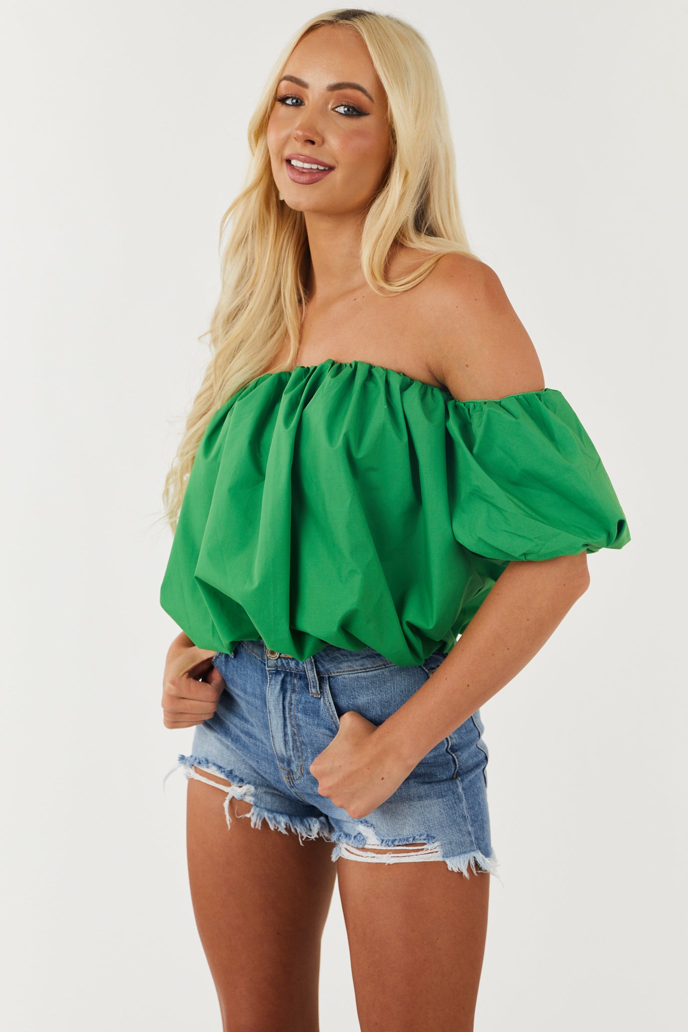 Jade Puff Off the Shoulder Cropped Blouse | Lime Lush
