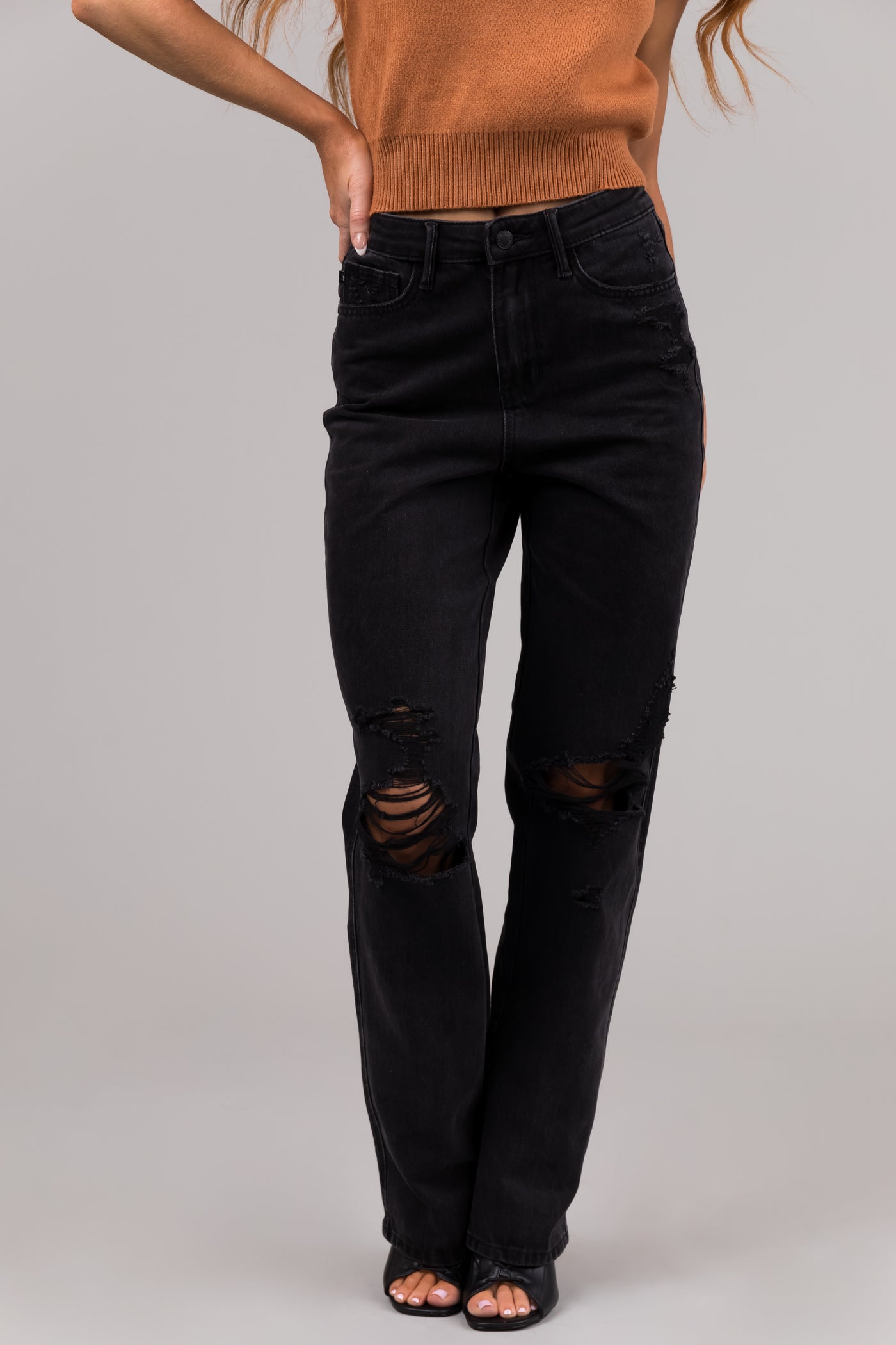 Judy Blue Black 90's Distressed Straight Jeans | Lime Lush