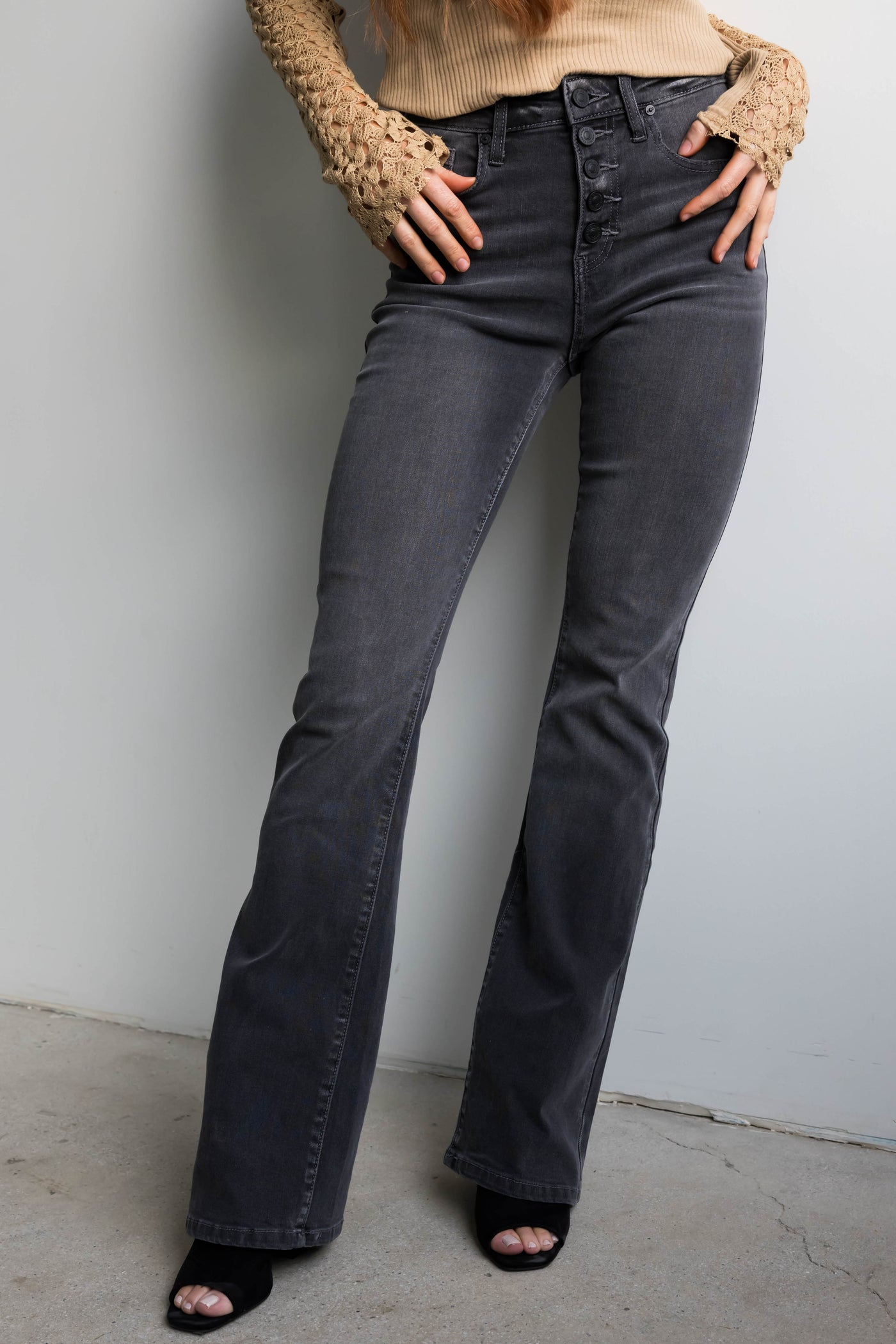 Kancan Graphite High Rise Button Fly Bootcut Jeans Lime Lush Boutique