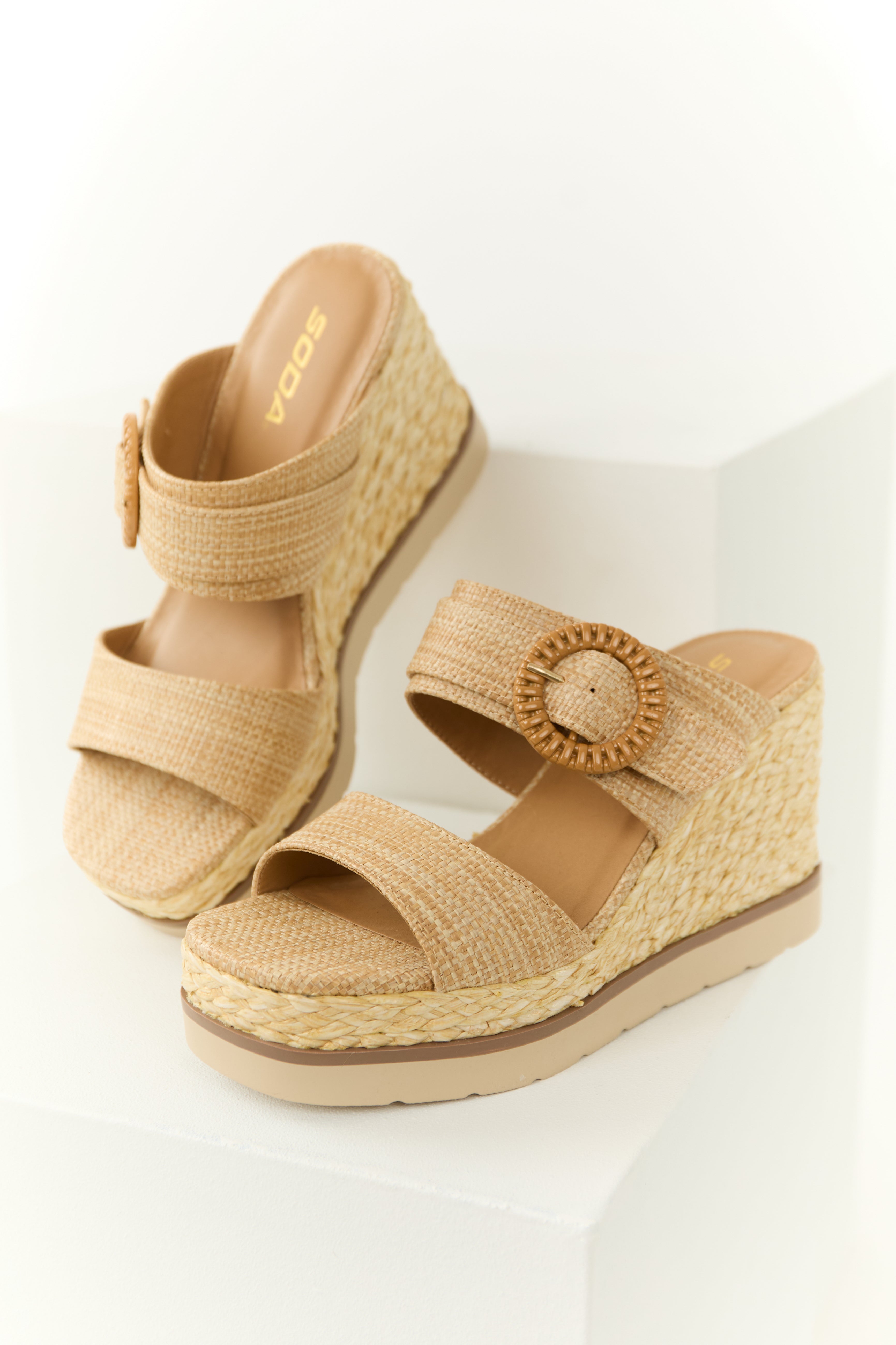 Latte Chunky Platform Raffia Wedge Heels | Lime Lush