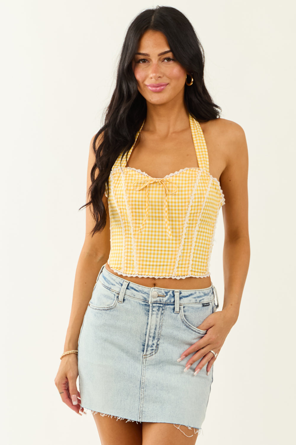 Lemon Gingham Halter Neck Cotton Corset Top | Lime Lush Boutique