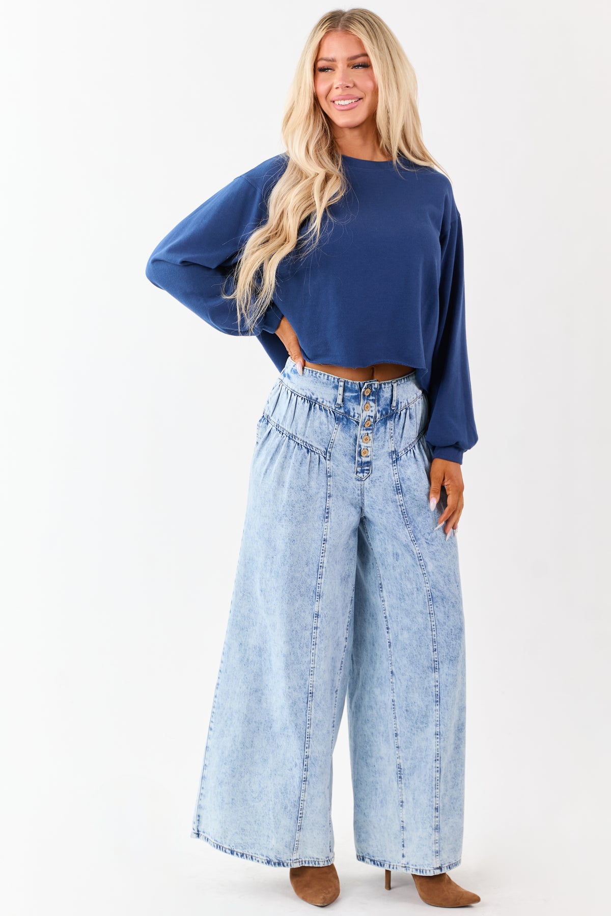 Light Acid Wash Button Fly High Rise Wide Leg Jeans | Lime Lush Boutique
