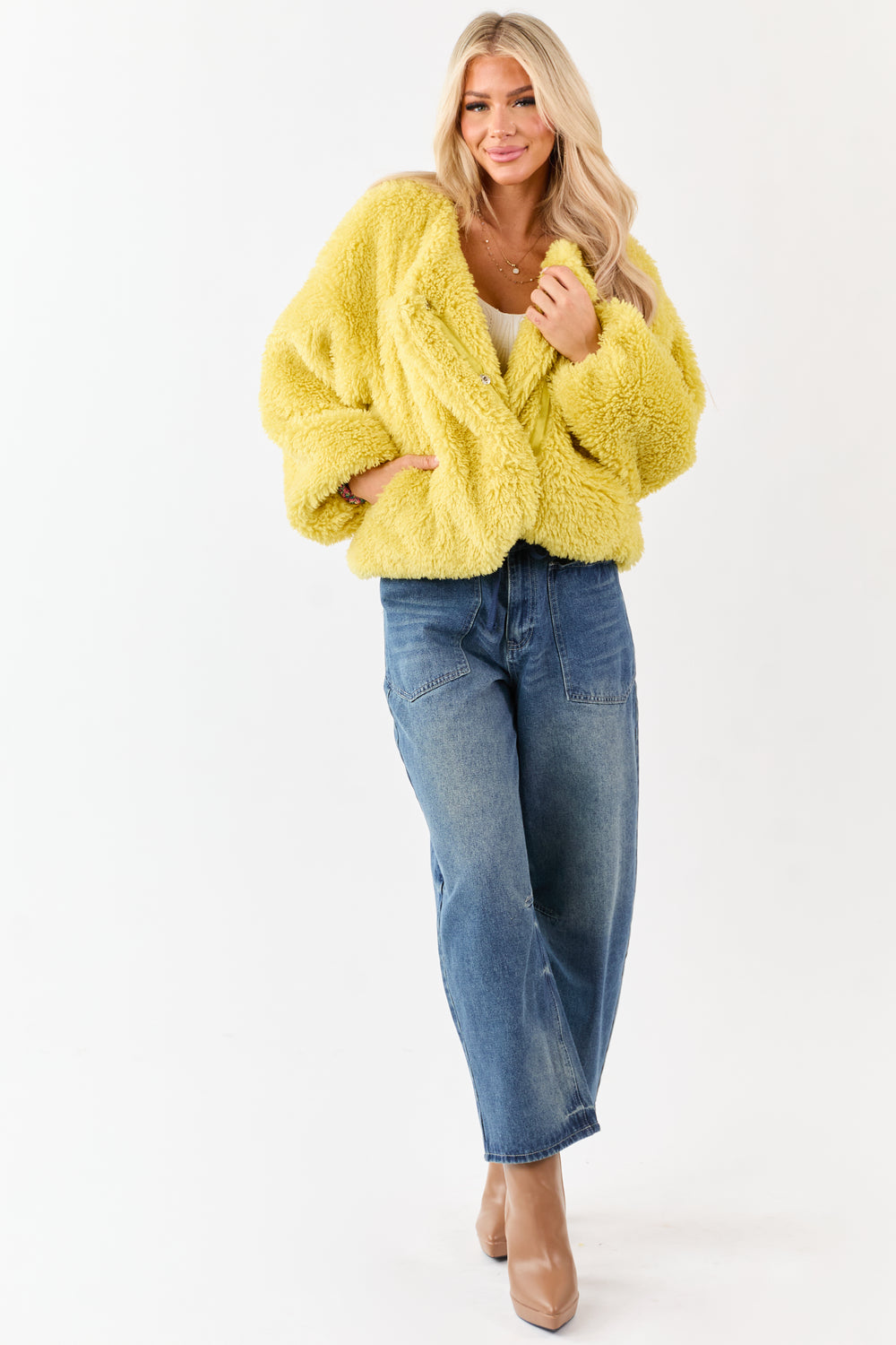 Light Mustard Soft Sherpa Snap Button Up Relaxed Jacket | Lime Lush ...