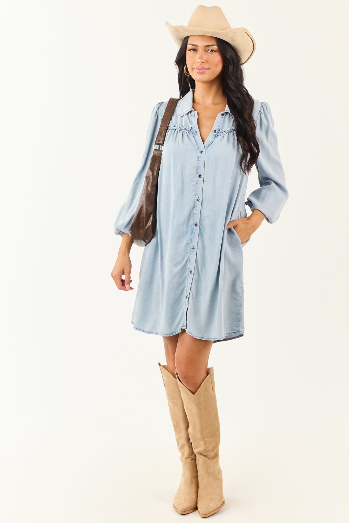 Light Wash Button Down Chambray Denim Mini Dress | Lime Lush Boutique