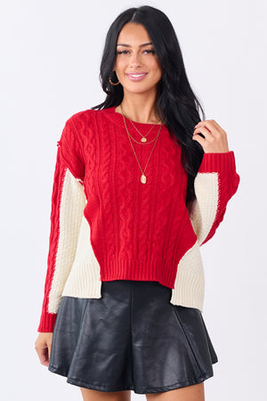Lipstick Colorblock Cable Knit Crew Neck Sweater | Lime Lush Boutique
