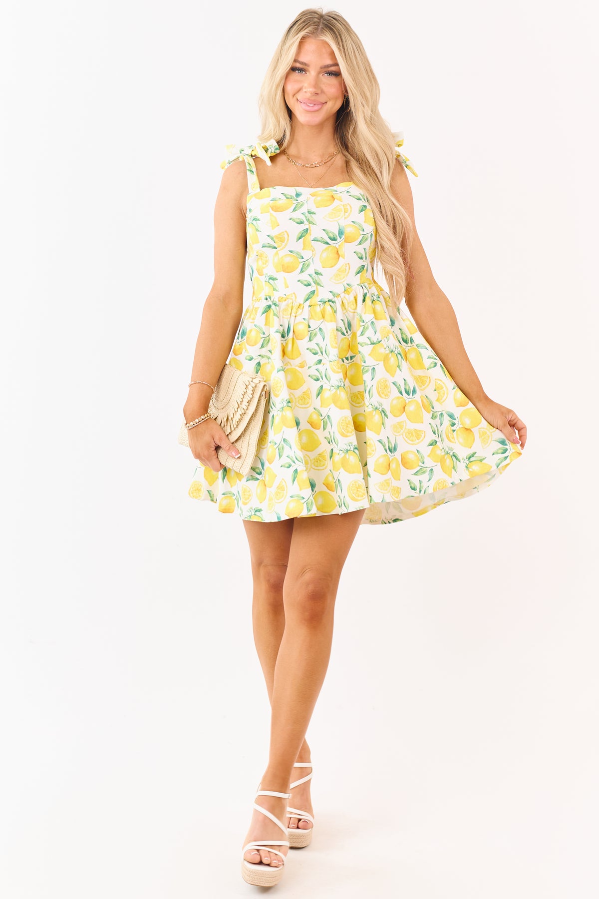 Lovelo Ivory Lemon Print Denim Sleeveless Mini Dress | Lime Lush Boutique