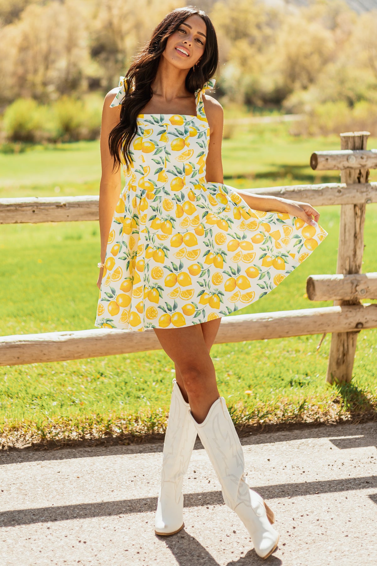 Lovelo Ivory Lemon Print Denim Sleeveless Mini Dress | Lime Lush Boutique