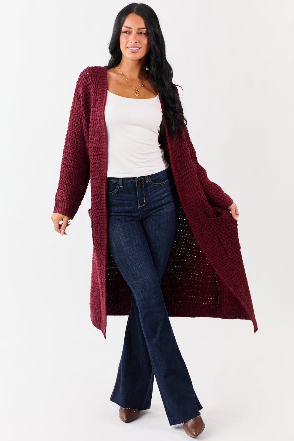 Lovelo Wine Waffle Knit Open Front Duster Cardigan | Lime Lush Boutique