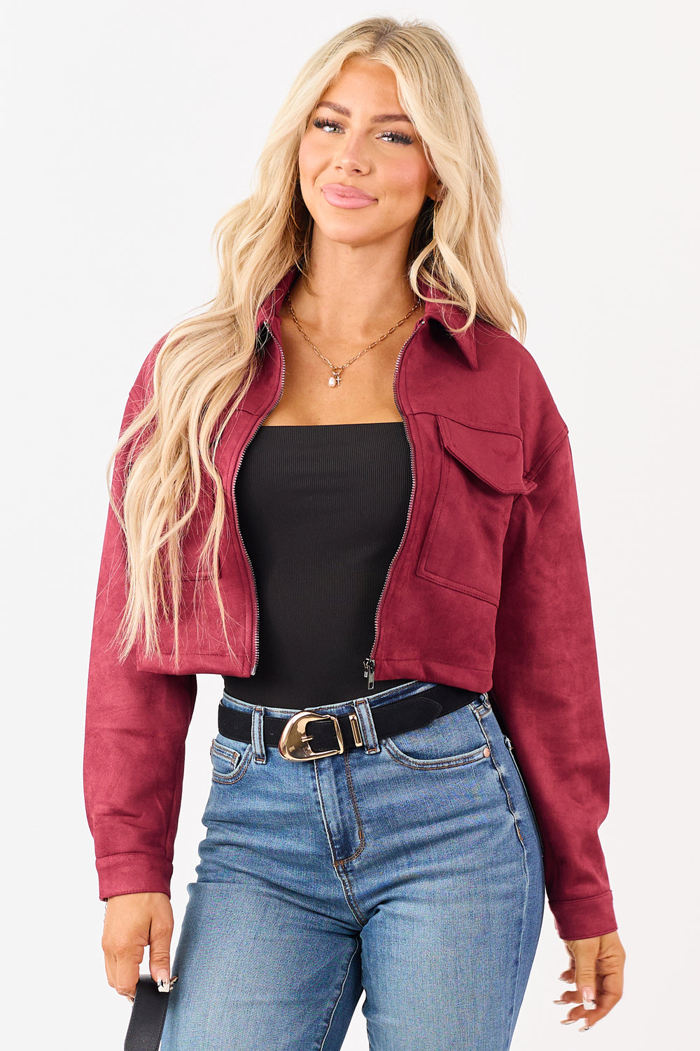 Maroon Faux Suede Cropped Collared Zip Up Jacket | Lime Lush Boutique