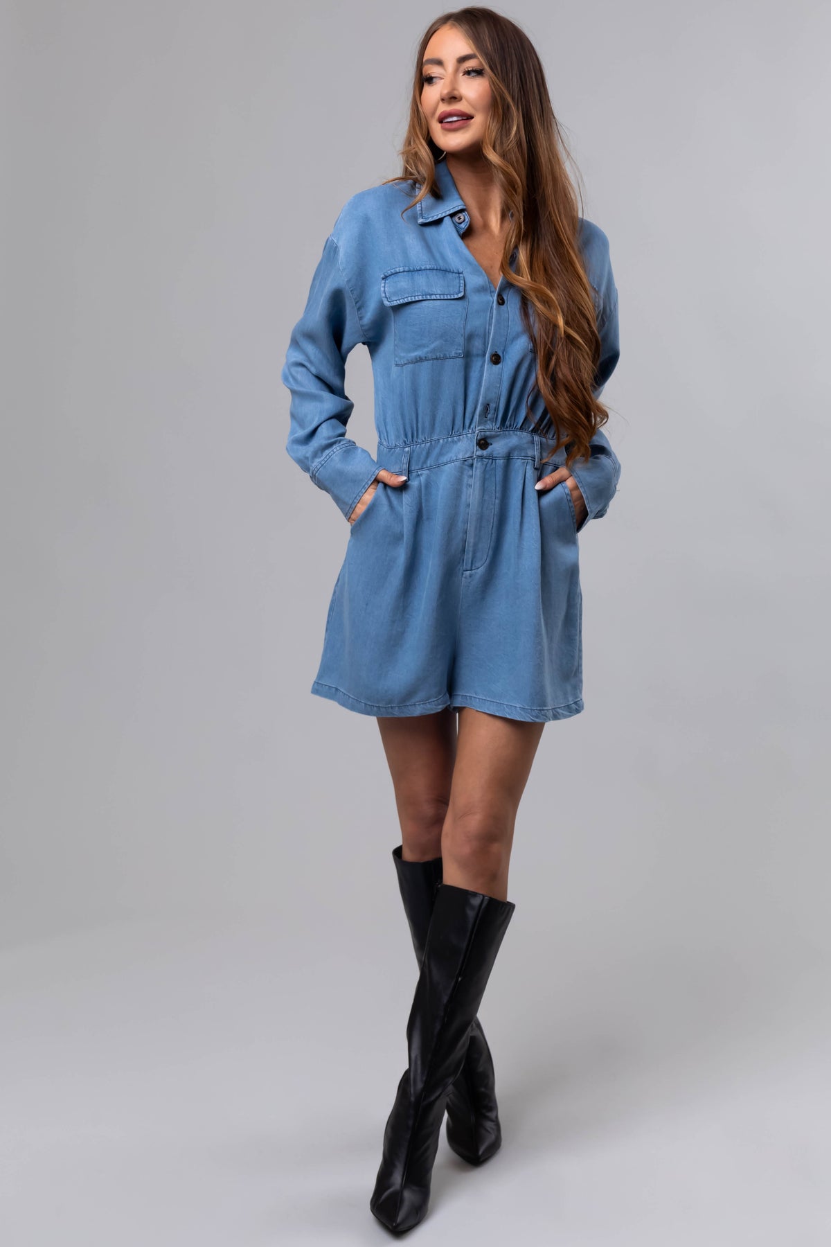 Medium Denim Long Sleeve Button Up Romper | Lime Lush Boutique