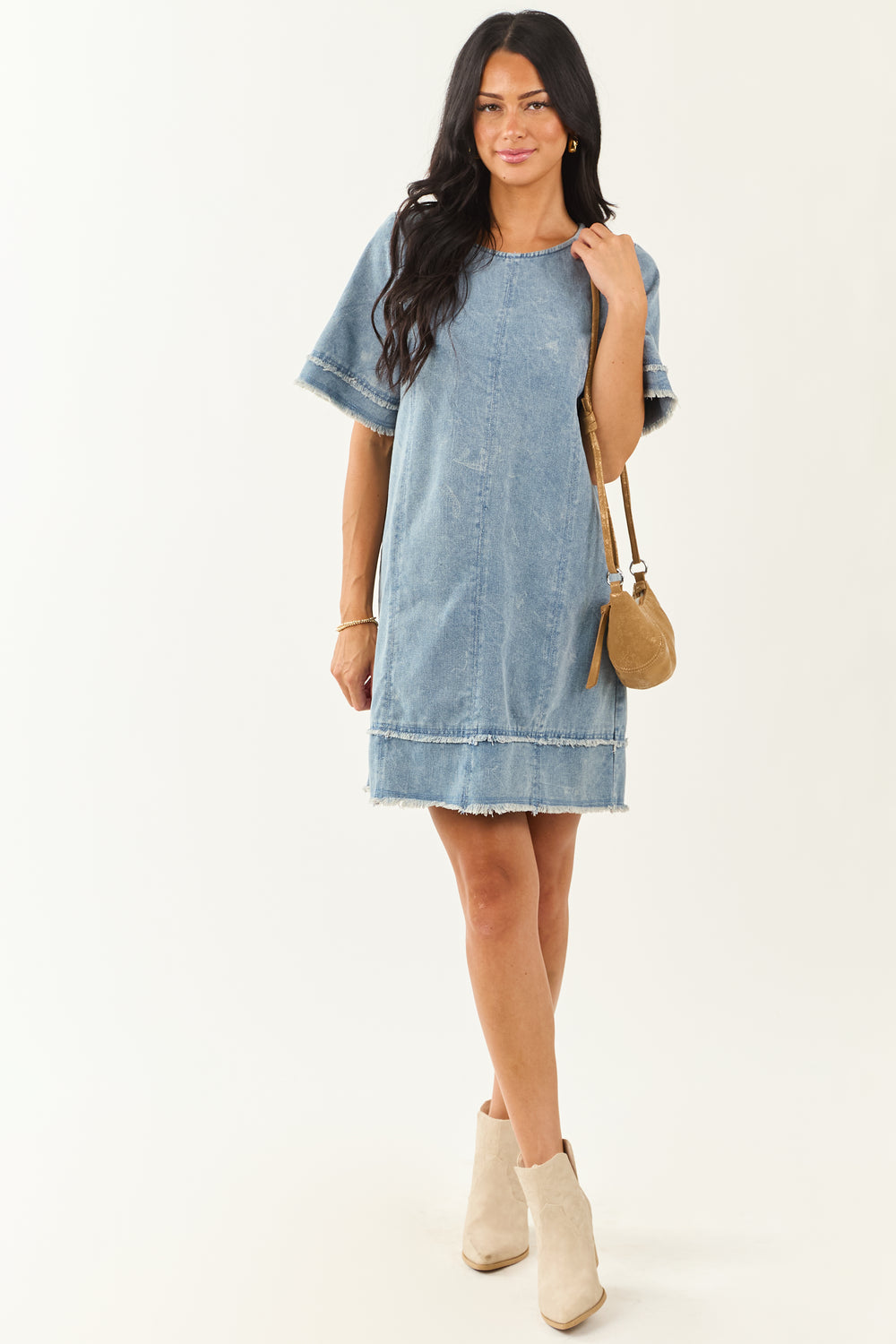 Medium Vintage Wash Denim Frayed Trim Mini Shift Dress | Lime Lush Boutique