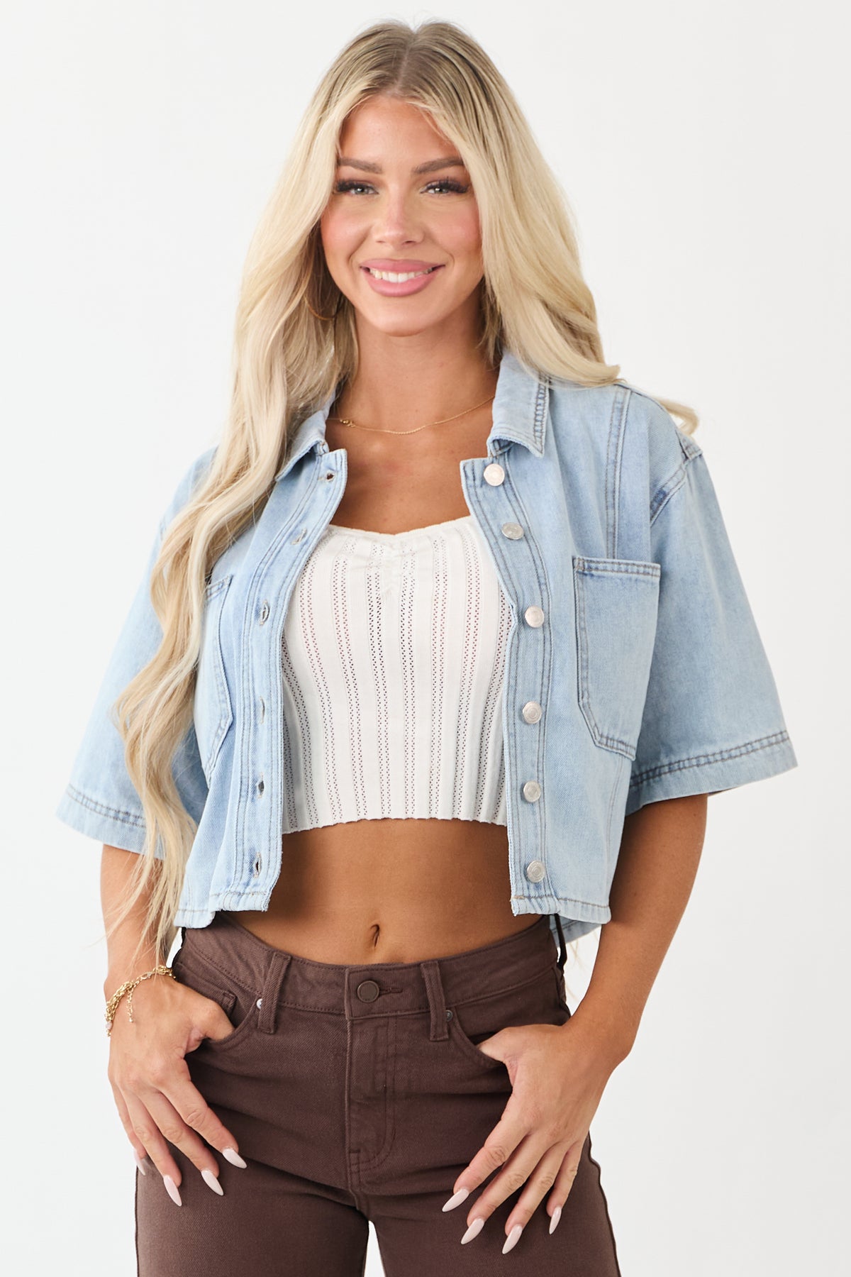 Mica Denim Light Wash Button Down Half Sleeve Top | Lime Lush Boutique