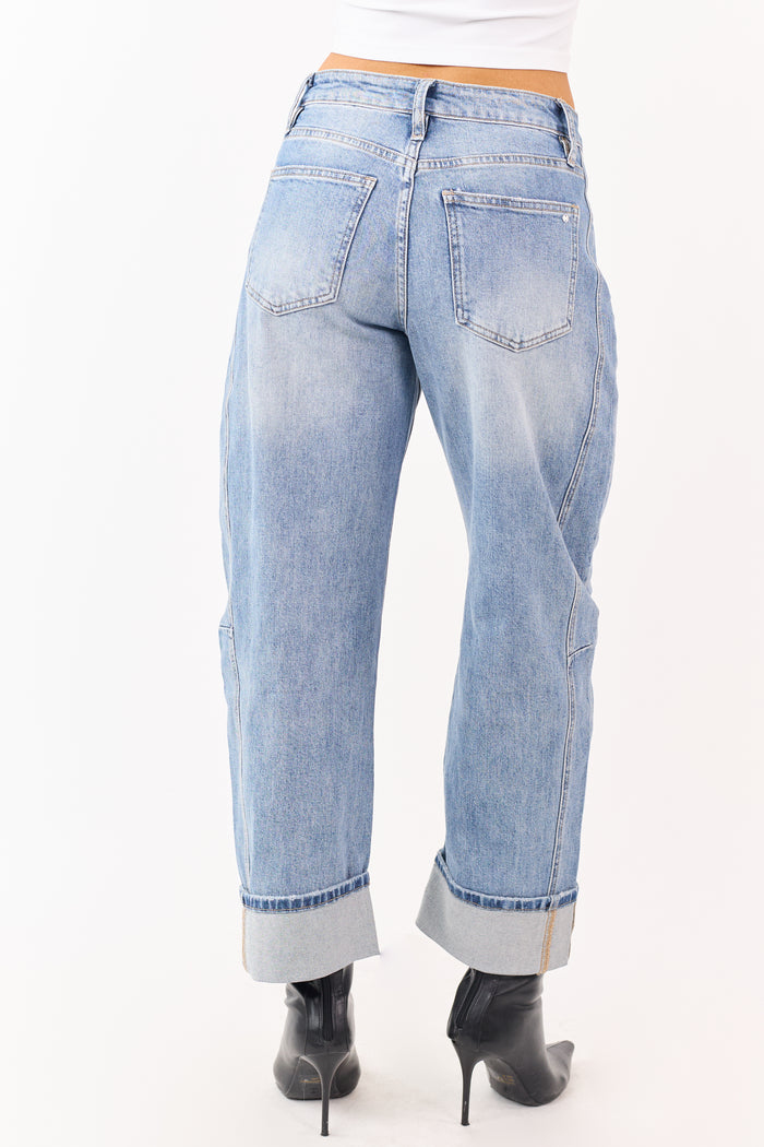 Mica Denim Medium Wash Cuffed Barrel Jeans | Lime Lush Boutique