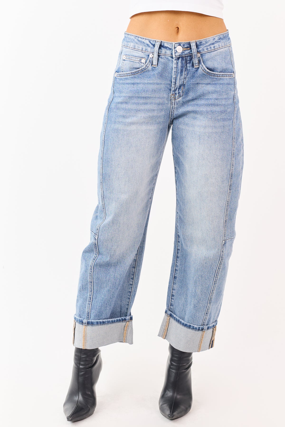 Mica Denim Medium Wash Cuffed Barrel Jeans | Lime Lush Boutique