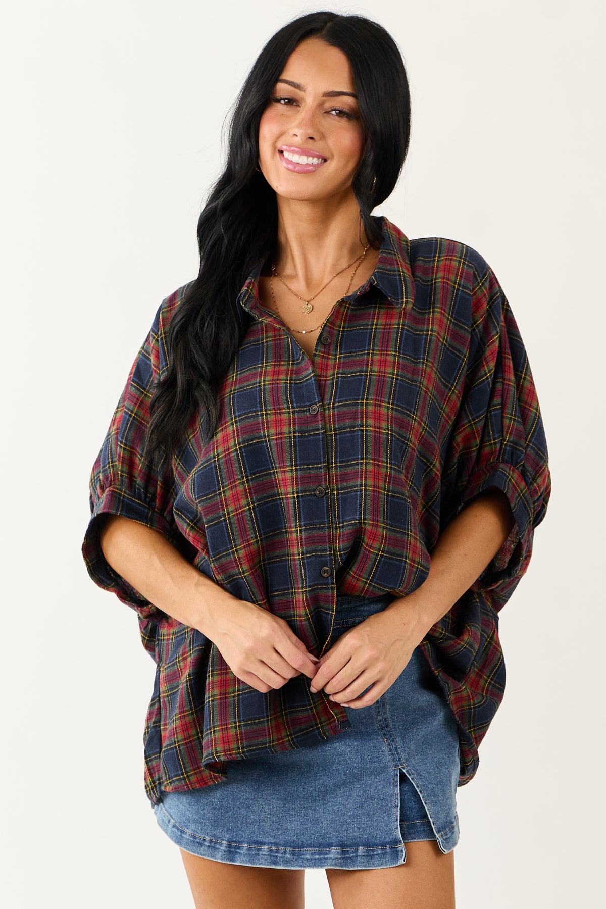 Navy Blue Plaid Button Up Dolman Sleeve Top | Lime Lush Boutique