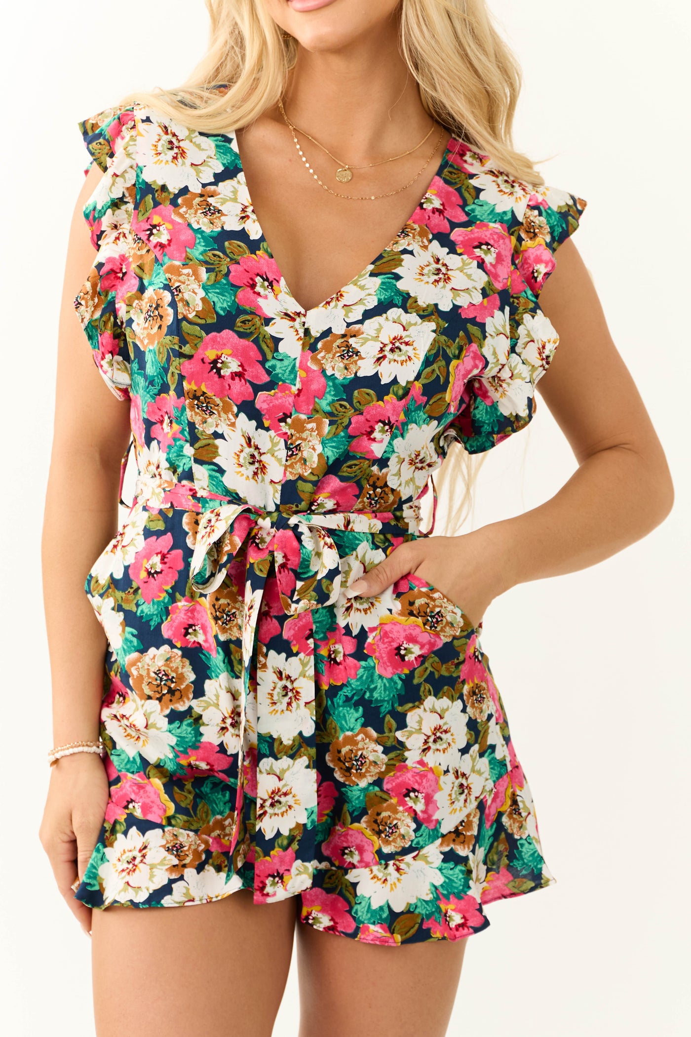 Pink And Teal Floral Print Waist Tie Romper Lime Lush Boutique