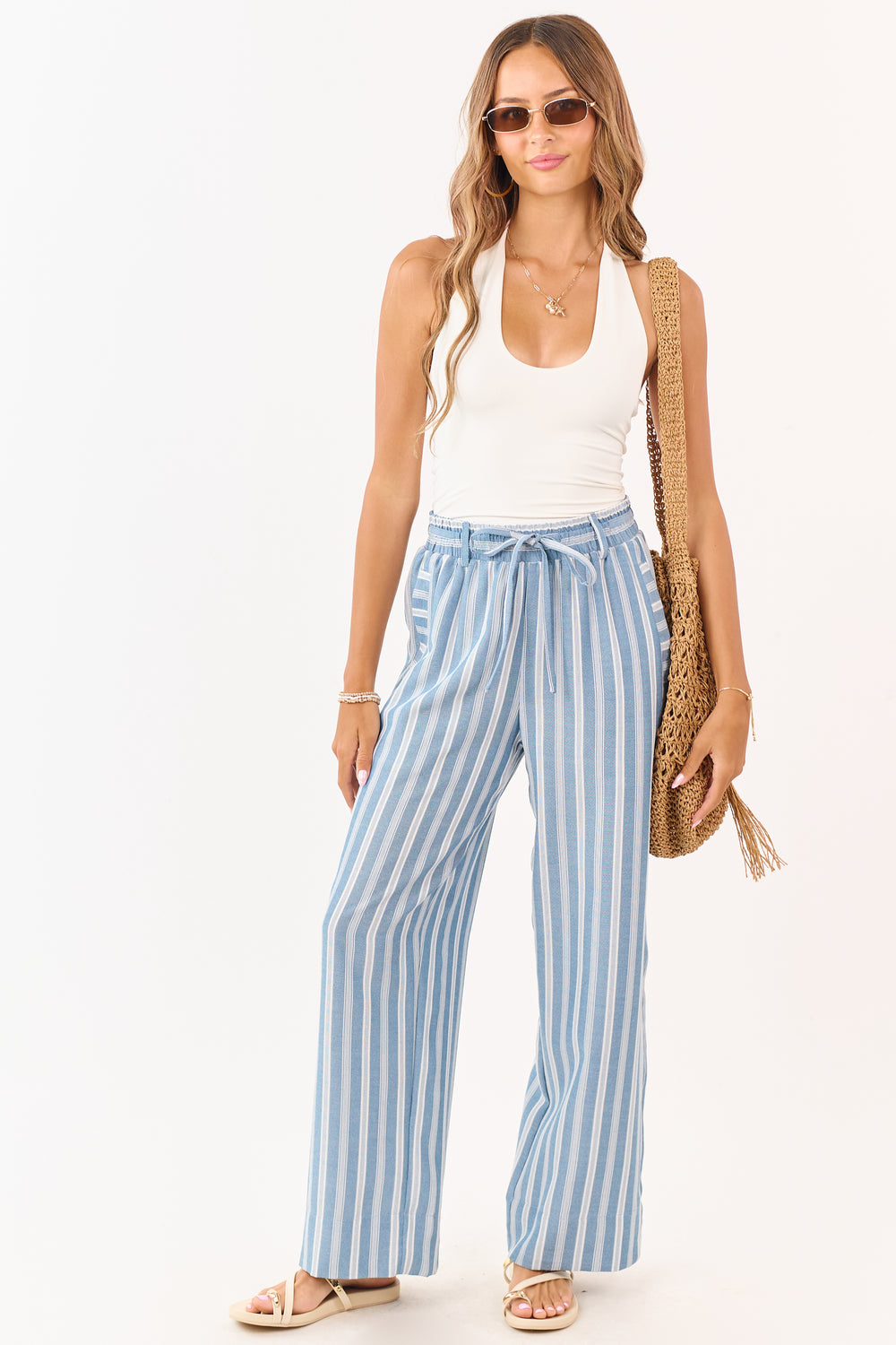 Ocean Striped Elastic Waistband Drawstring Pants | Lime Lush Boutique
