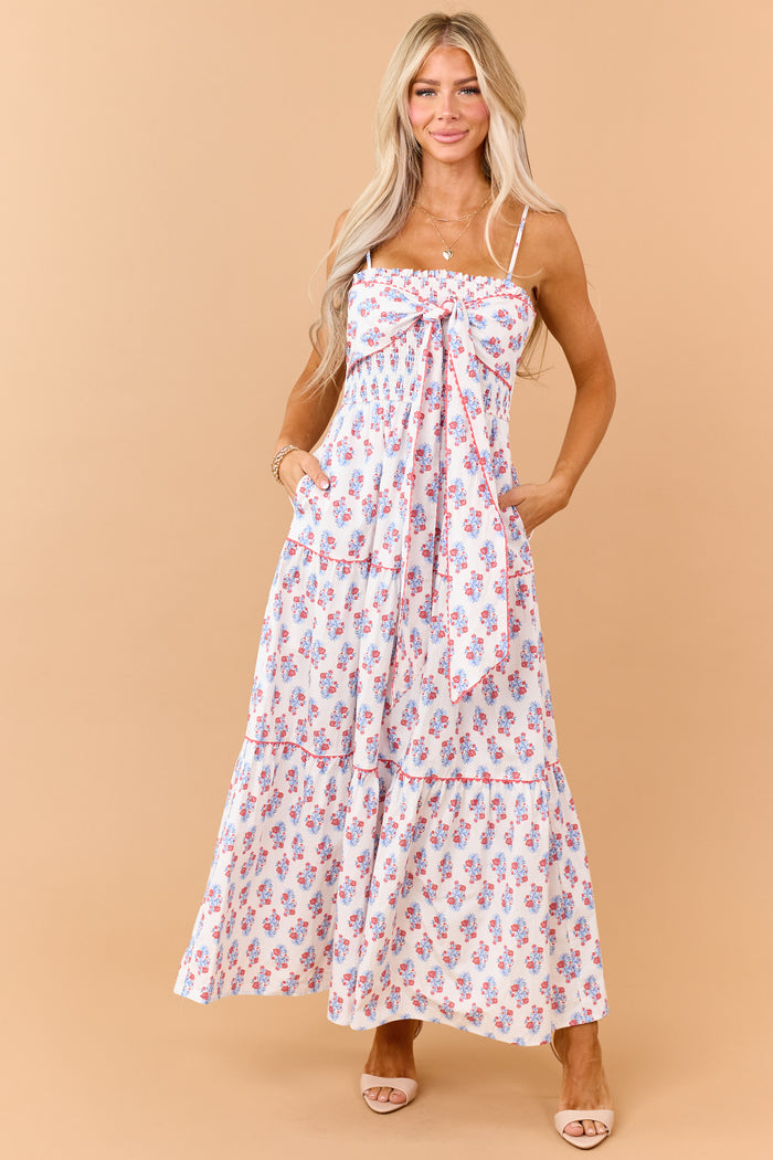 Off White Cotton Floral Print Tiered Maxi Dress | Lime Lush Boutique