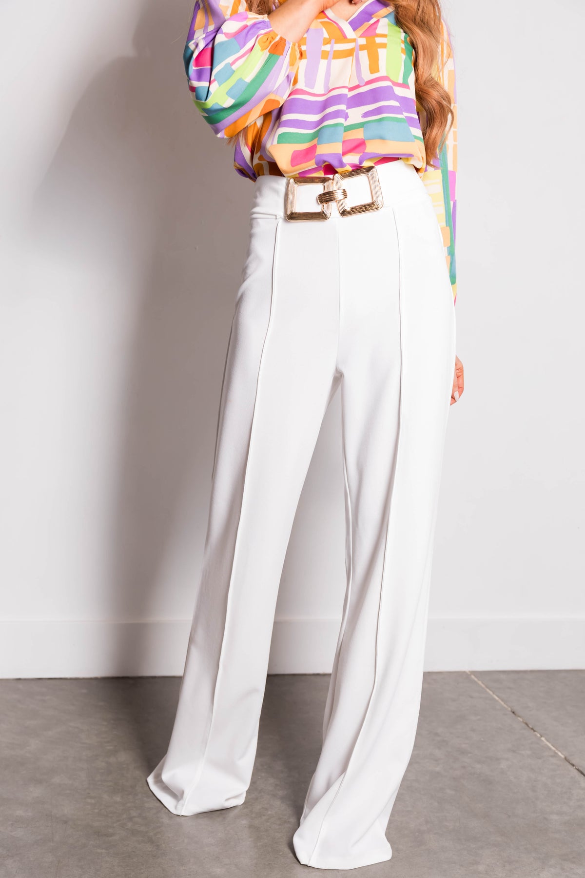 Off White Gold Buckle Wide Leg Pants | Lime Lush Boutique