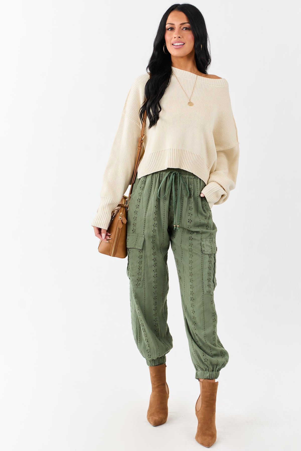 Olive Eyelet Lace Drawstring Cargo Jogger Pants | Lime Lush Boutique