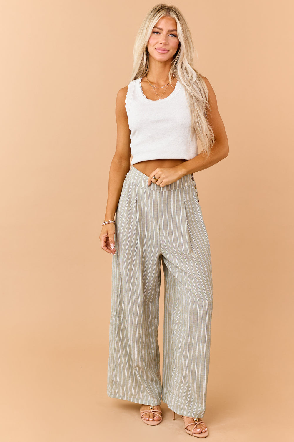 Olive Striped Side Button Down Wide Leg Pants | Lime Lush Boutique