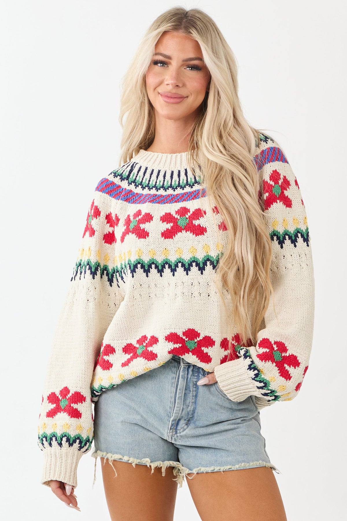 POL Cream Nordic Inspired Pattern Thick Knit Sweater | Lime Lush Boutique