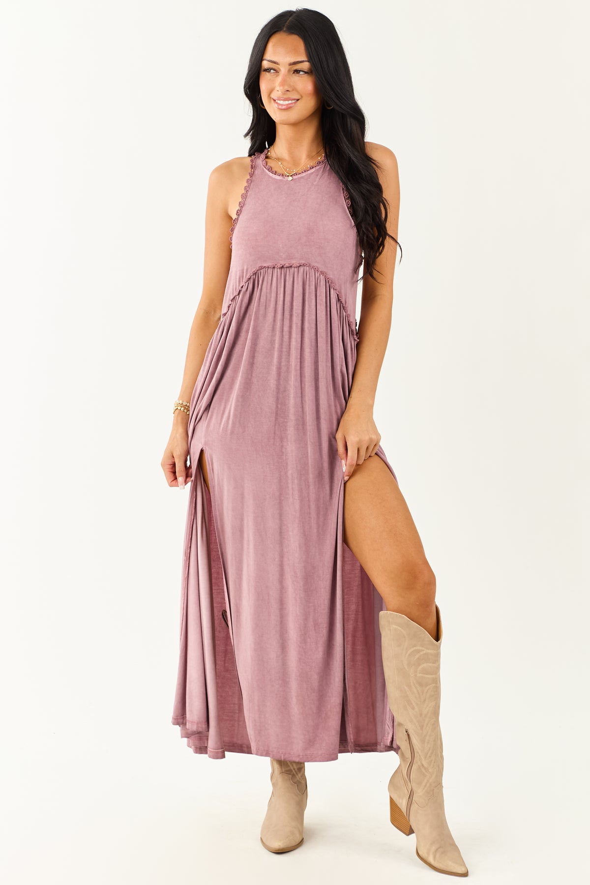 POL Dusty Mauve Crochet Lace Trim Soft Maxi Dress | Lime Lush Boutique