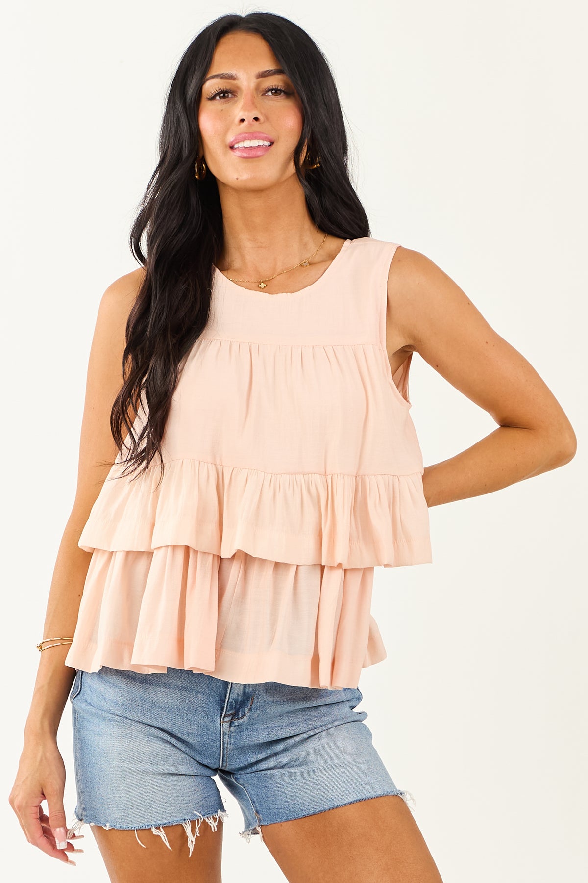 Peach Round Neck Tiered Ruffle Tank Top | Lime Lush Boutique