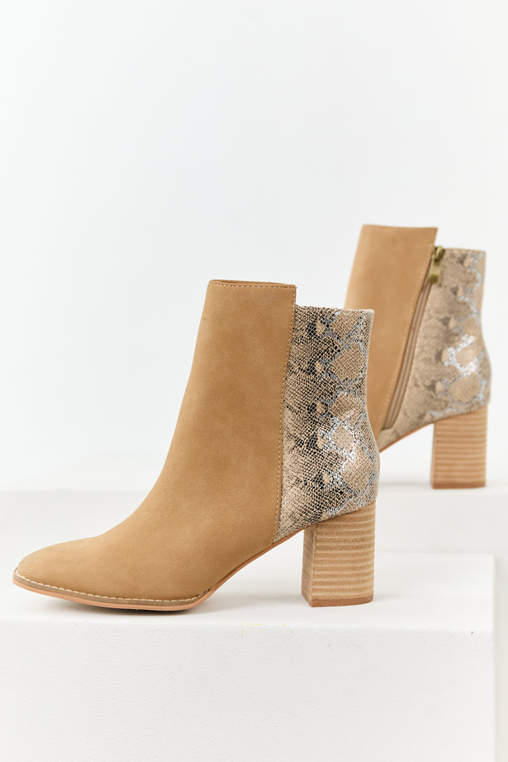Peanut Faux Snakeskin Contrast Block Heel Booties | Lime Lush Boutique