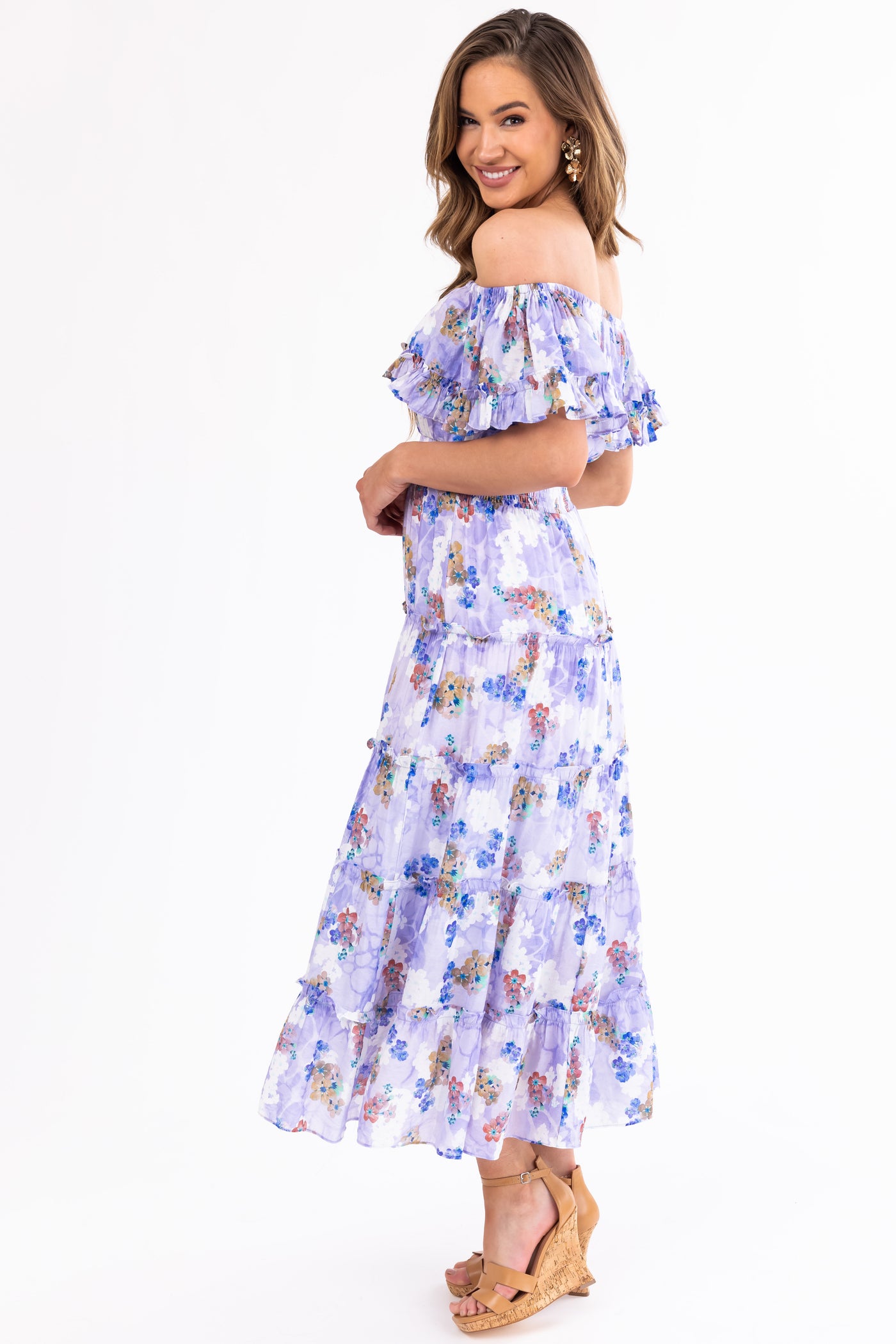 Periwinkle Floral Print Off Shoulder Maxi Dress | Lime Lush