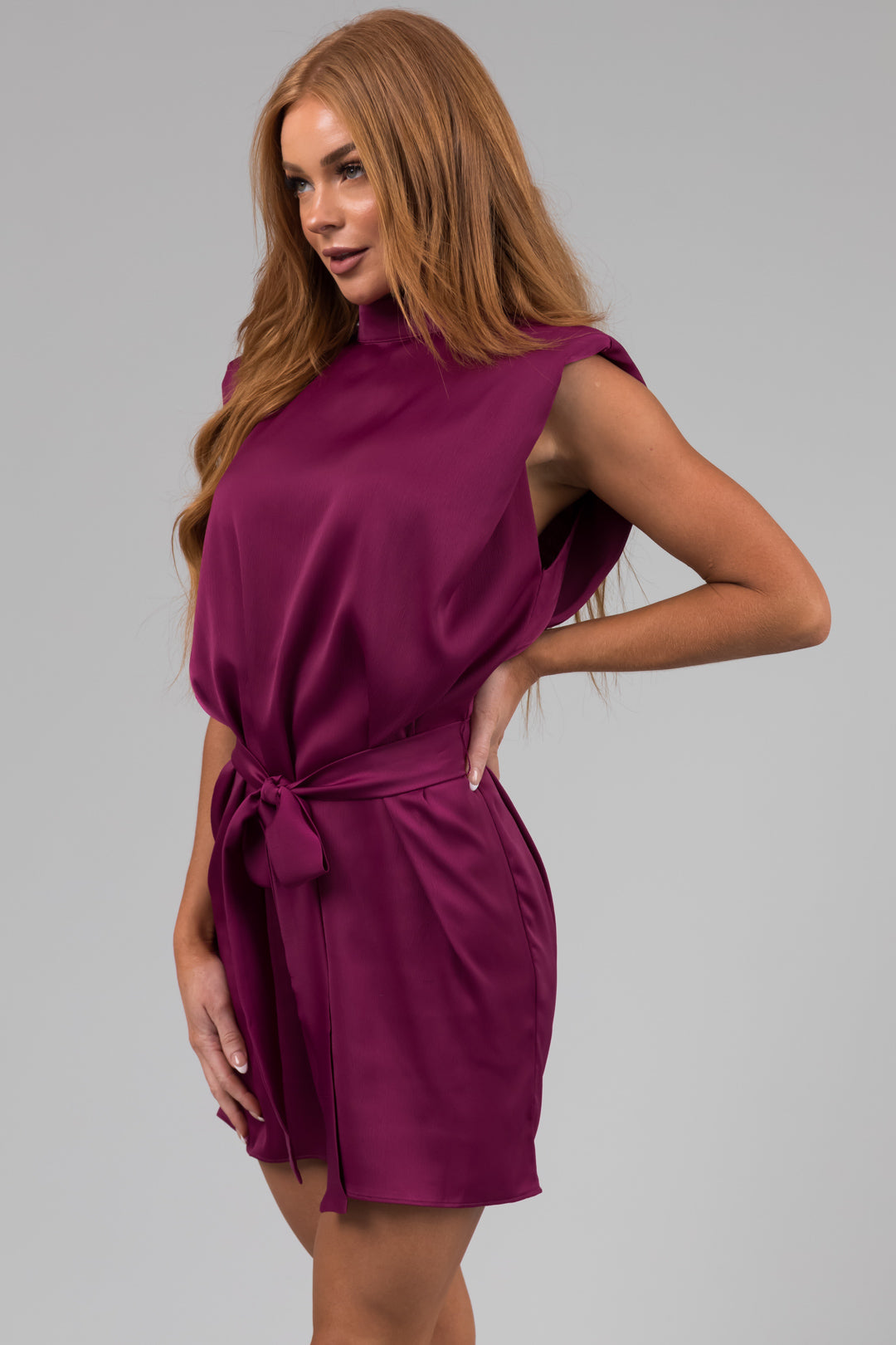 Plum Sash Tie Textured Satin Mock Neck Dress | Lime Lush
