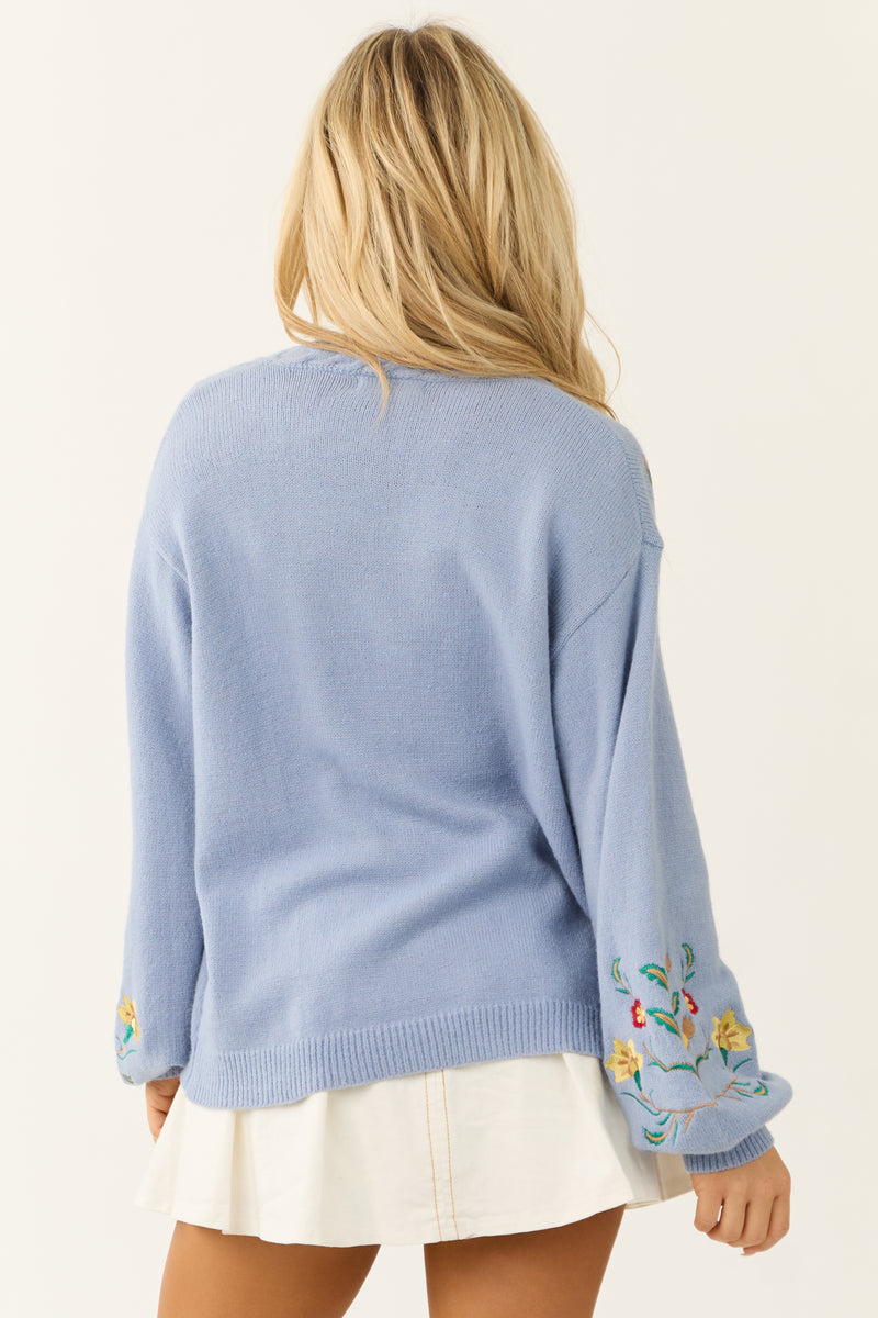 Powder Blue Floral Embroidered Knit Cardigan | Lime Lush Boutique