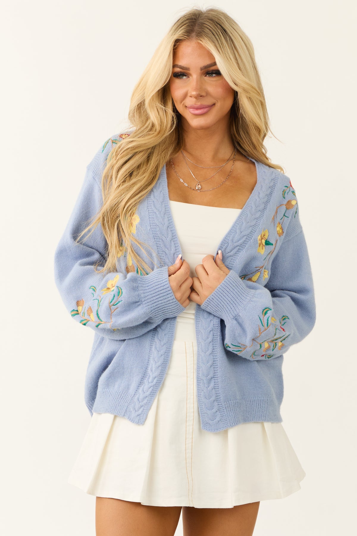 Powder Blue Floral Embroidered Knit Cardigan | Lime Lush Boutique